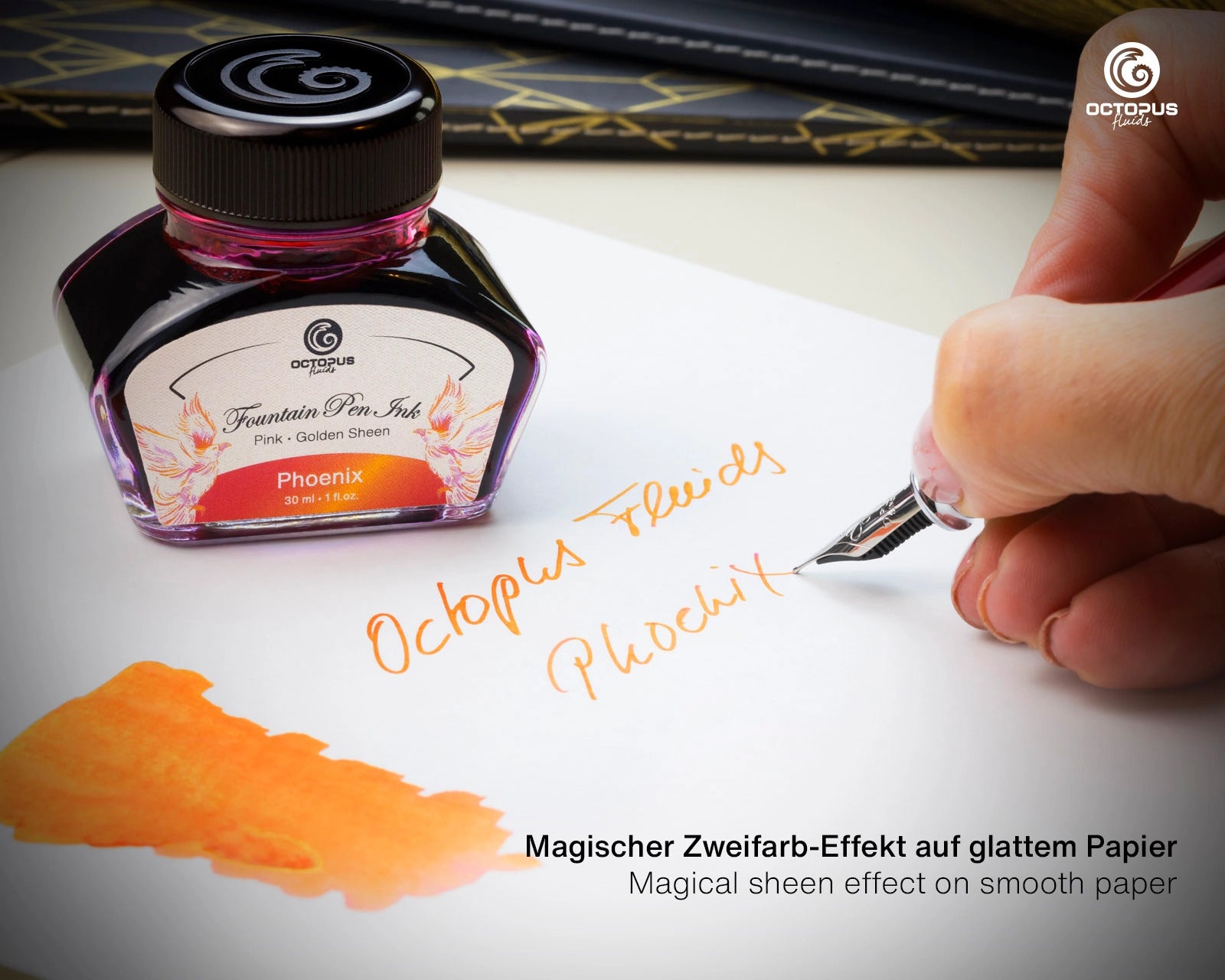 Octopus Sheen Ink: Phoenix (Pink with Golden Sheen) – Bottle and Plume